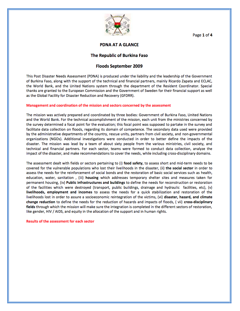 Burkina Faso Post Disaster Needs Assessment At A Glance GFDRR